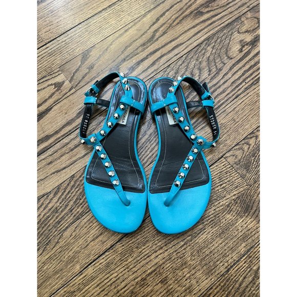 Balenciaga | Shoes | Balenciaga Arena Studded T Strap Blue Teal Flat ...
